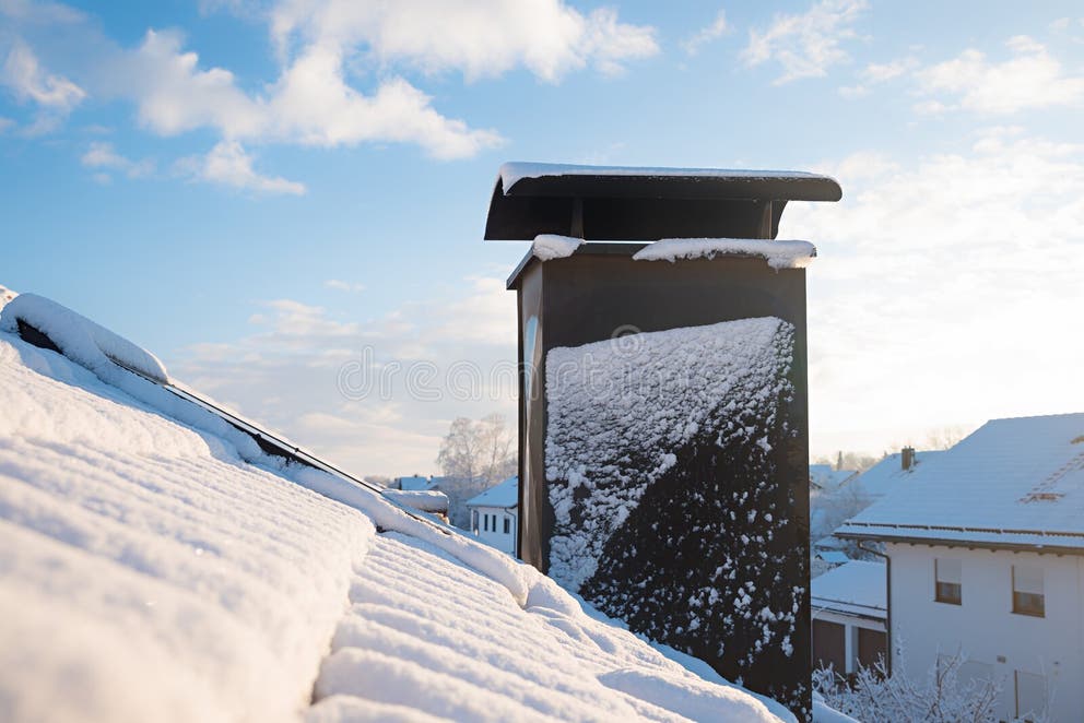 Snow Covered Rooftop with Chimney Stock Image - Image of home, covering ...