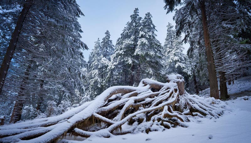 Snow-Covered Roots: a Serene Winter Forest Scene Stock Image - Image of ...