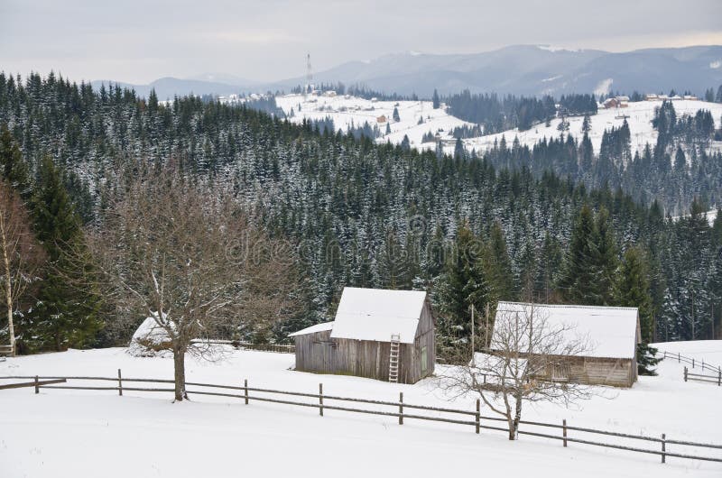 Snow Covered Rustic Cabins in the Woods in Winter. Stock Image - Image ...