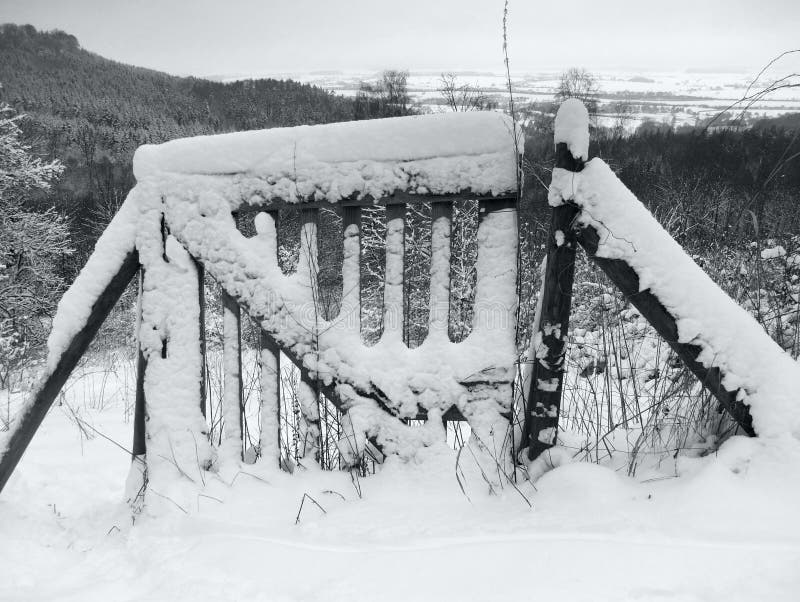 Snow covered gate in wood stock photo. Image of branches - 12481772