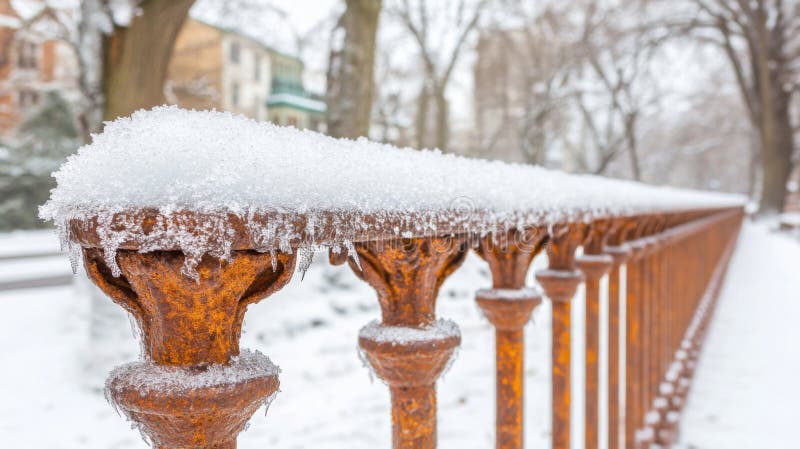 Snow-Covered Rusty Iron Fence in Winter Stock Illustration ...