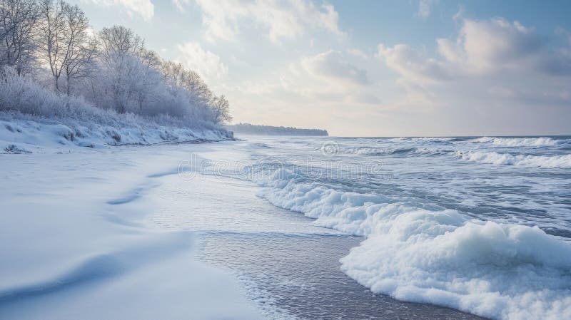 Snow-Covered Shoreline with Foamy Waves Crashing on the Coast Stock ...