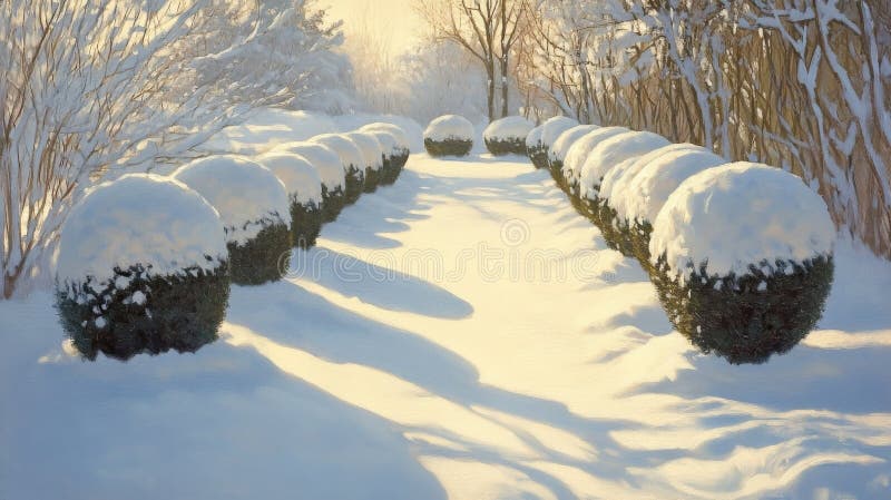 Snow-Covered Shrubs Lining a Snowy Path in a Winter Landscape Stock ...
