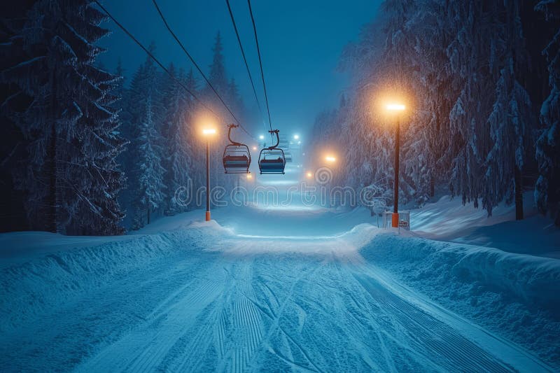Snow Covered Ski Slope Illuminated by Lights, with a Ski Lift Stock ...