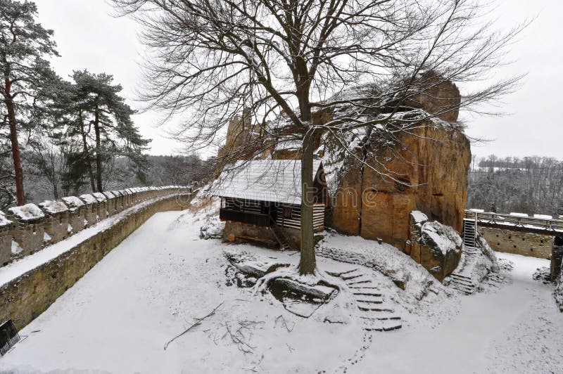 Snow Covered the Small Hut and Rocks Stock Image - Image of road ...