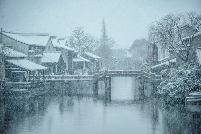 Snow covered a small town stock photo. Image of environment - 109380400