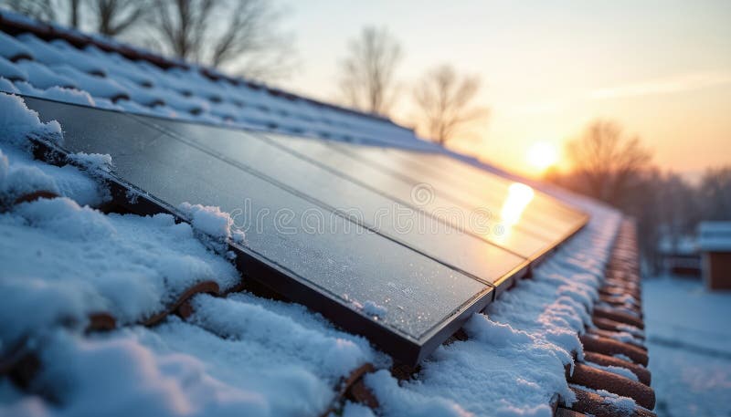 Snow Covered Solar Panels on Rooftop during Winter at Sunset. Renewable ...