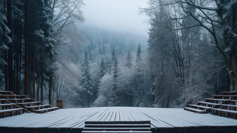 Snow-Covered Stage in Serene Forest Setting Stock Image - Image of ...
