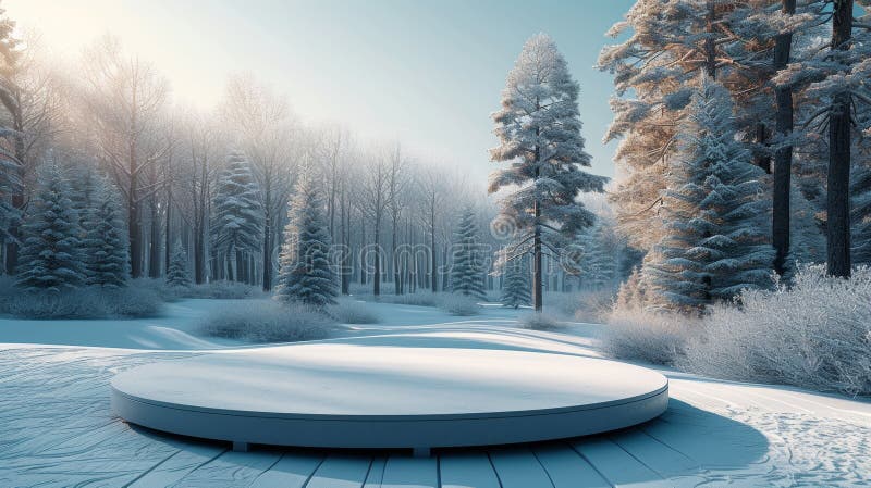 Snow-Covered Stage in Serene Forest Setting Stock Photo - Image of ...