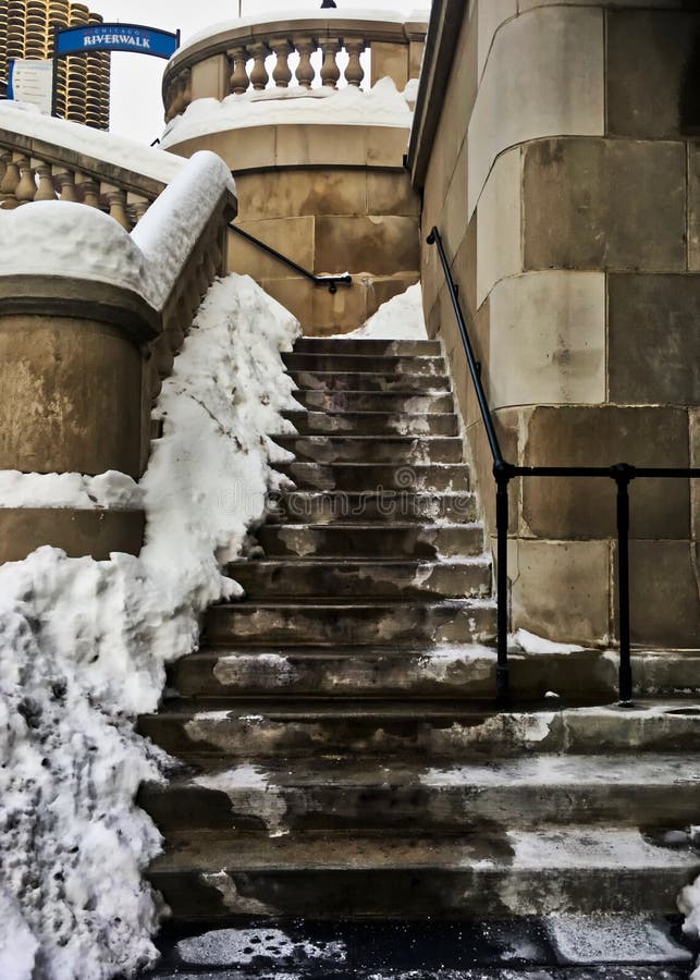 Snow-covered Staircase in Chicago Loop during Winter, Leading Upwards ...