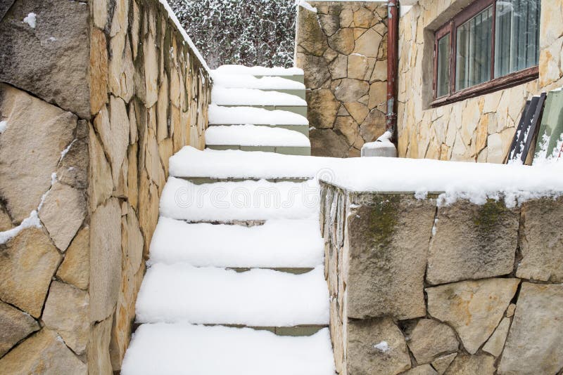 Snow covered stairs. stock image. Image of stone, covered - 139529559