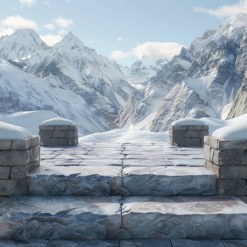Snow-Covered Stone Bridge Amidst Majestic Peaks Stock Illustration ...
