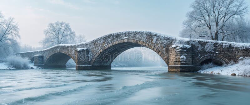 Snow Covered Stone Bridge Over a Shimmering Winter River Stock Photo ...