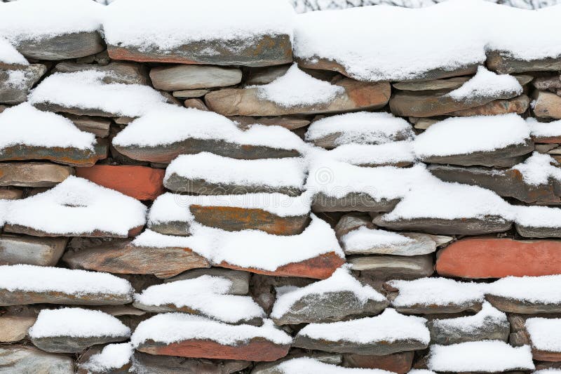Snow Covered Stone Wall in Winter Landscape Stock Photo - Image of ...