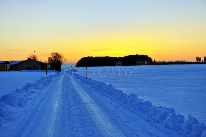 Winter: Snow Covered Street, Trees and Houses Stock Image - Image of ...
