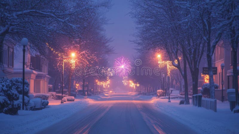Snow-covered Street with Fireworks and Twinkling Lights Stock ...