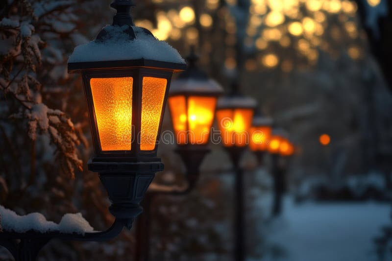 Snow-covered Street Lights on a Winter Night Stock Photo - Image of ...