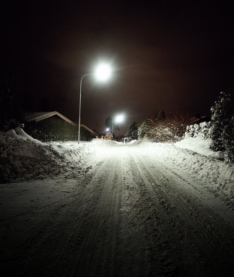 Snow-covered Street at Night Stock Image - Image of outdoors, season ...