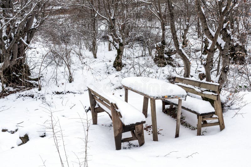 Snow Covered Table and Bench in Garden Stock Photo - Image of scenic ...
