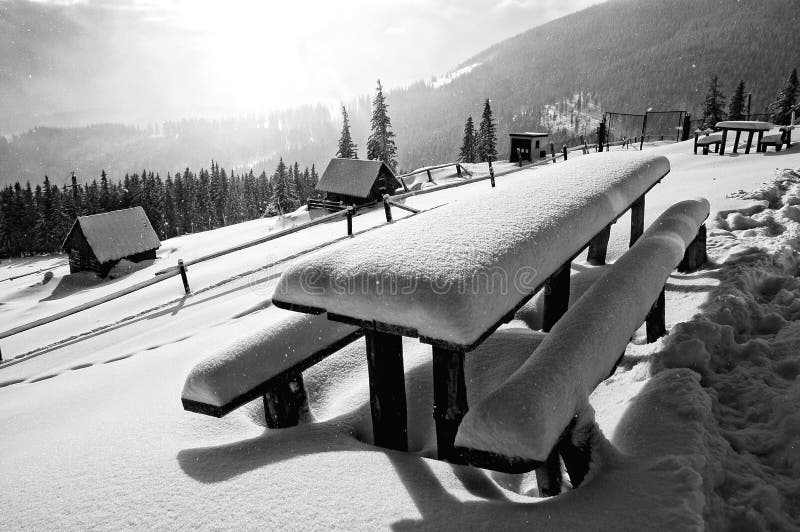Snow Covered Table and Benches in the Mountains Stock Photo - Image of ...