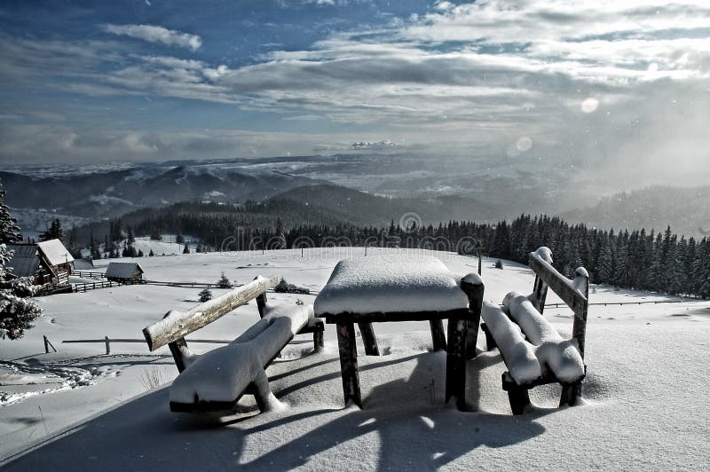Snow Covered Table and Benches in the Mountains Stock Image - Image of ...