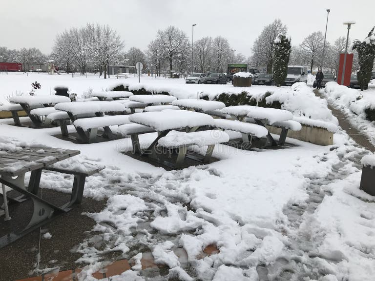 Snow covered tables stock image. Image of poster, seasonal - 391427799