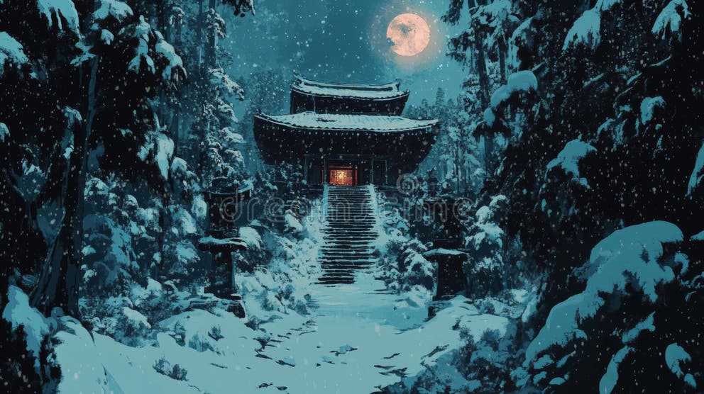 Snow Covered Temple at Night in a Moonlit Forest Stock Illustration ...
