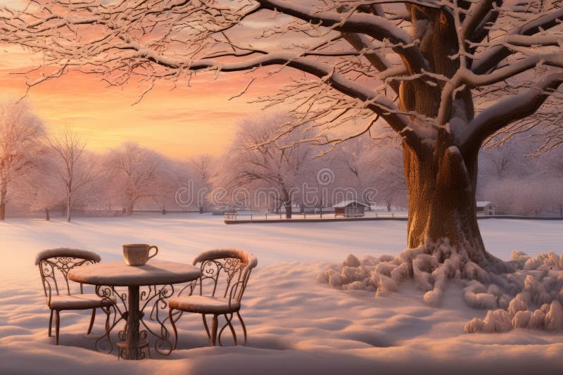 Snow-covered Terrace with Table and Coffee during Winter Sunset in Park ...