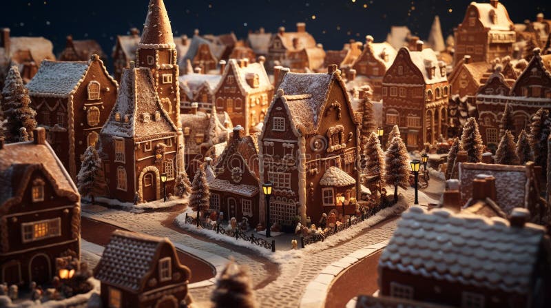 Snow Covered Town Made from Gingerbread Stock Illustration ...