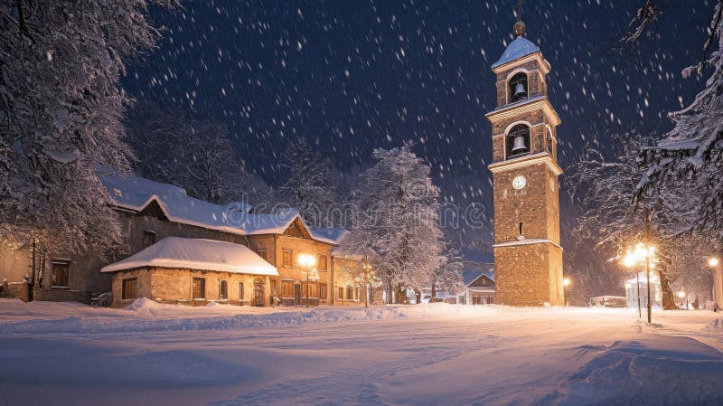 A Snow-Covered Town Square with a Towering Clock Tower Stock ...