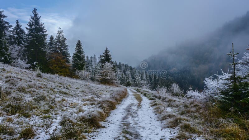 Snowy Mountain Path with Trees Stock Photo - Image of path, quiet ...