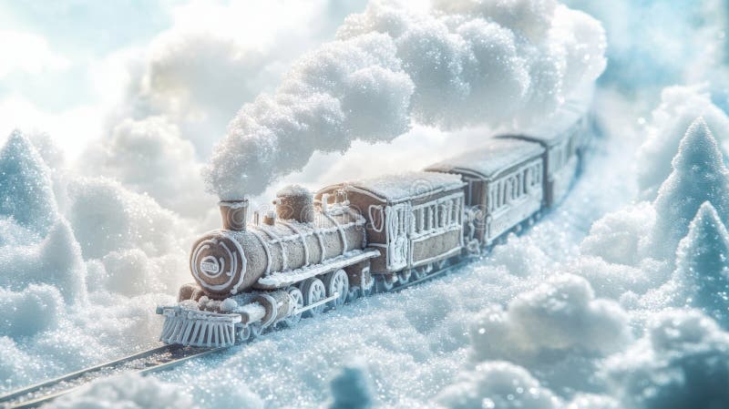 Snow-covered Train Moving through Magical Winter Wonderland Scene Stock ...