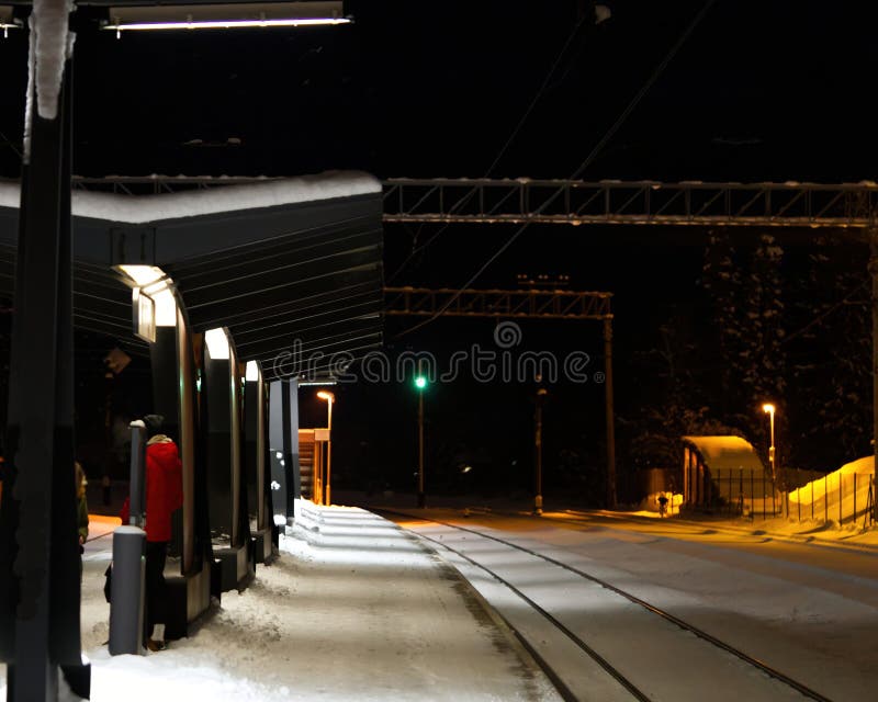 Snow Covered Train Platform at Night. Estonia Lockal Train Station ...