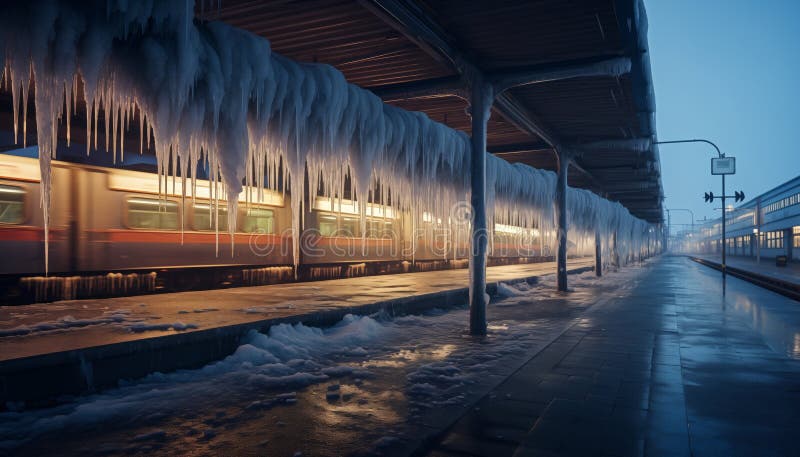 Snow-Covered Train Station and Train with Icicles. Stock Illustration ...