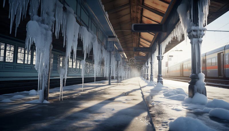 Snow-Covered Train Station and Train with Icicles. Stock Illustration ...