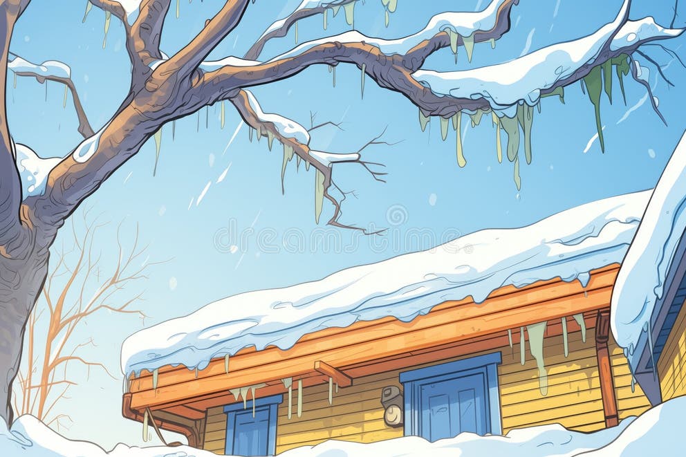 Snow-covered Tree Branches Touching Eave Icicles Stock Image - Image of ...