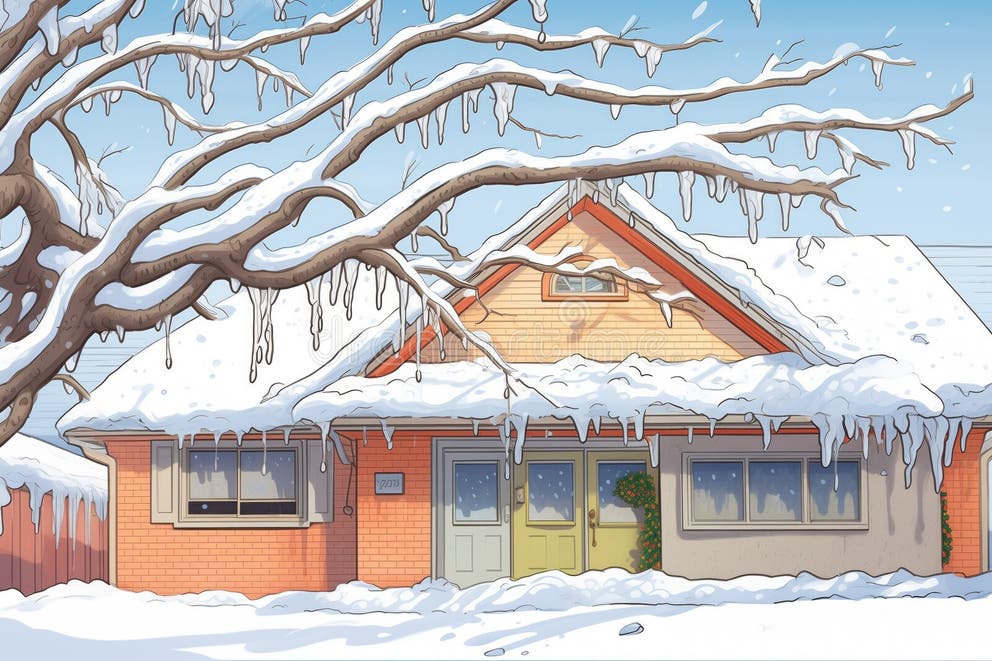 Snow-covered Tree Branches Touching Eave Icicles Stock Image - Image of ...