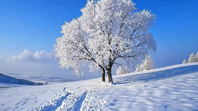 Snow-covered Tree on a Hill with a Path, Overlooking a Misty Valley ...