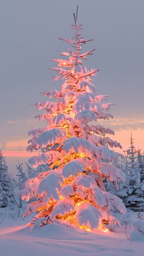 A Snow Covered Tree with Lights on it in the Middle of a Field, AI ...
