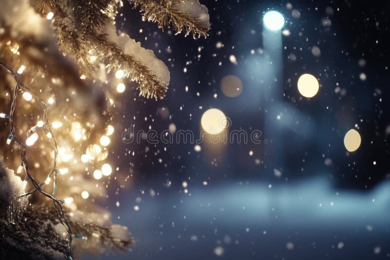 A Snow-covered Tree with String Lights in the Background Stock Photo ...