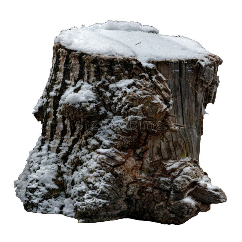 A Snow-covered Tree Stump with a Gnarled, Weathered Surface Stock ...