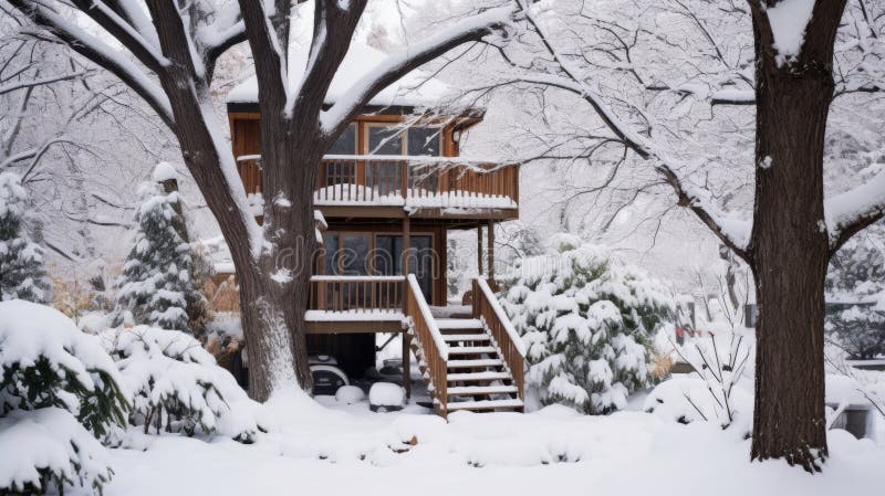 A Snow Covered Treehouse in the Backyard Stock Illustration ...