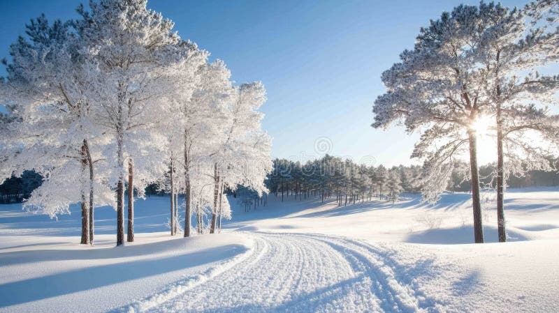 Snow-covered Trees Border a Pathway in a Field Under a Clear Blue Sky ...