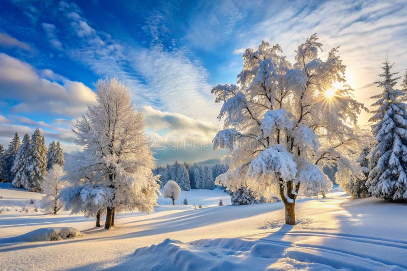 Snow-covered Trees Create a Serene Winter Landscape Stock Illustration ...