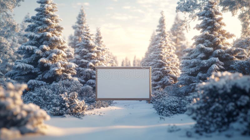 Snow-covered Trees Create a Serene Winter Landscape with a Blank Sign ...