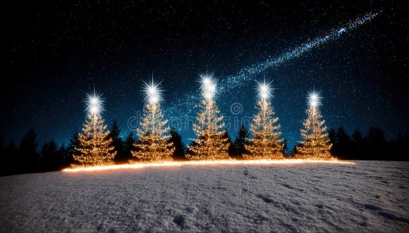 Snow-covered Trees Illuminated by Warm Lights in a Dark Winter Night ...