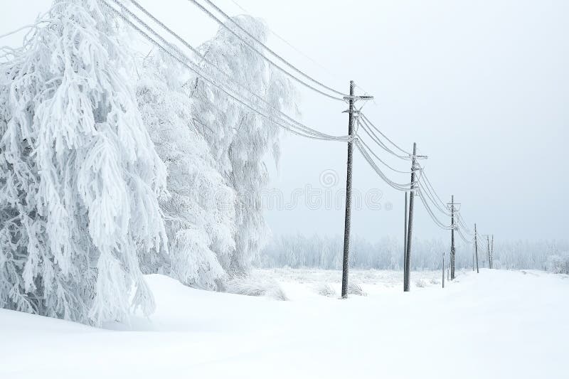 Snow Covered Trees and Power Lines in a Winter Landscape Illustration ...