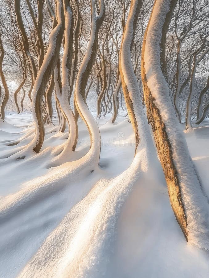 Snow-covered Trees, River, and Pines. Stock Illustration - Illustration ...