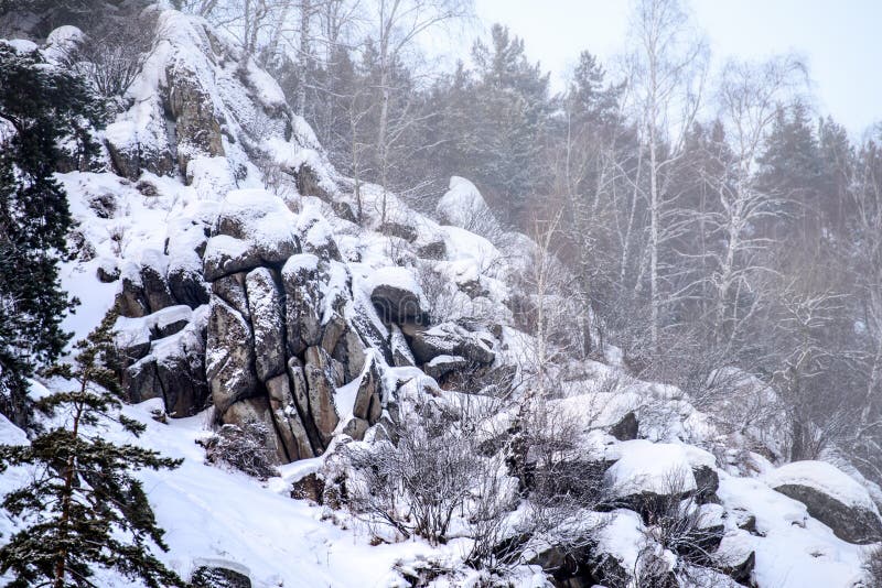 Snow-covered Winter Landscape with Trees and Rocks Stock Image - Image ...
