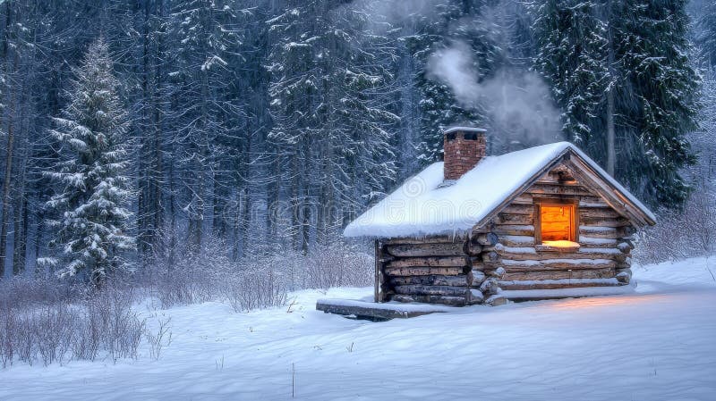 Snow-covered Trees Surround a Cozy Log Cabin Illuminated at Night Stock ...
